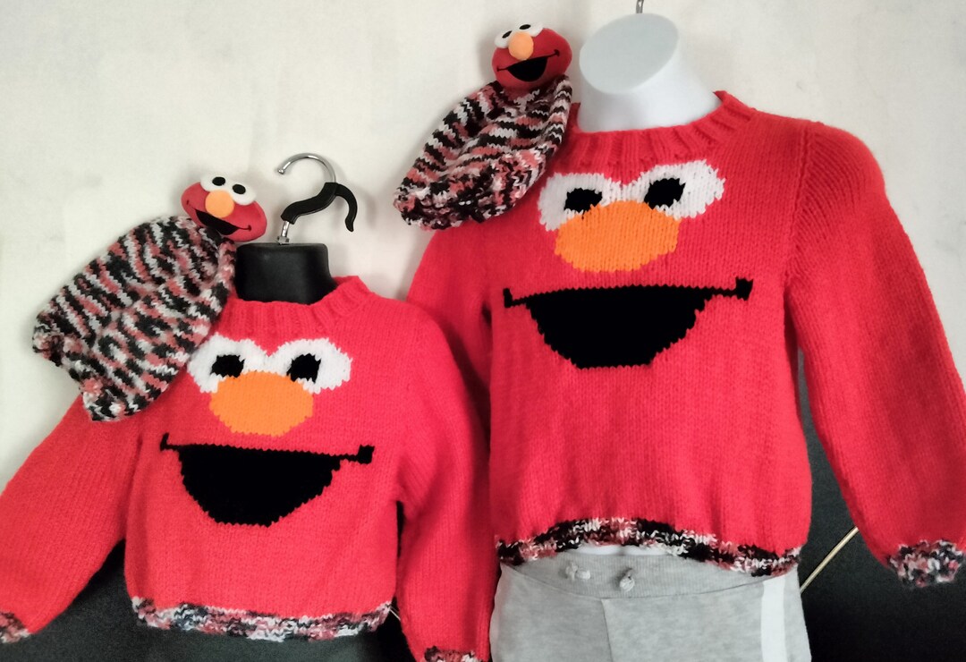 Hand Knitted Sesame Street Elmo Face Sweater and Hat Set. Size 2T or 4T ...