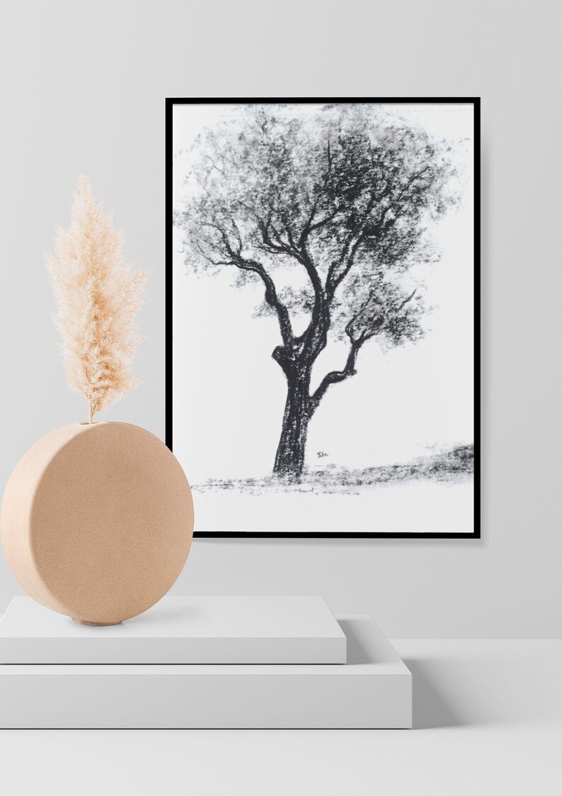 Charcoal Tree Art Print: Minimalist Black and White Nature Decor ...