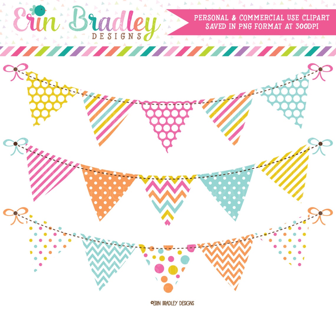 Bunting Clipart Graphics Digital Banner Flags Clip Art in Pink | Etsy