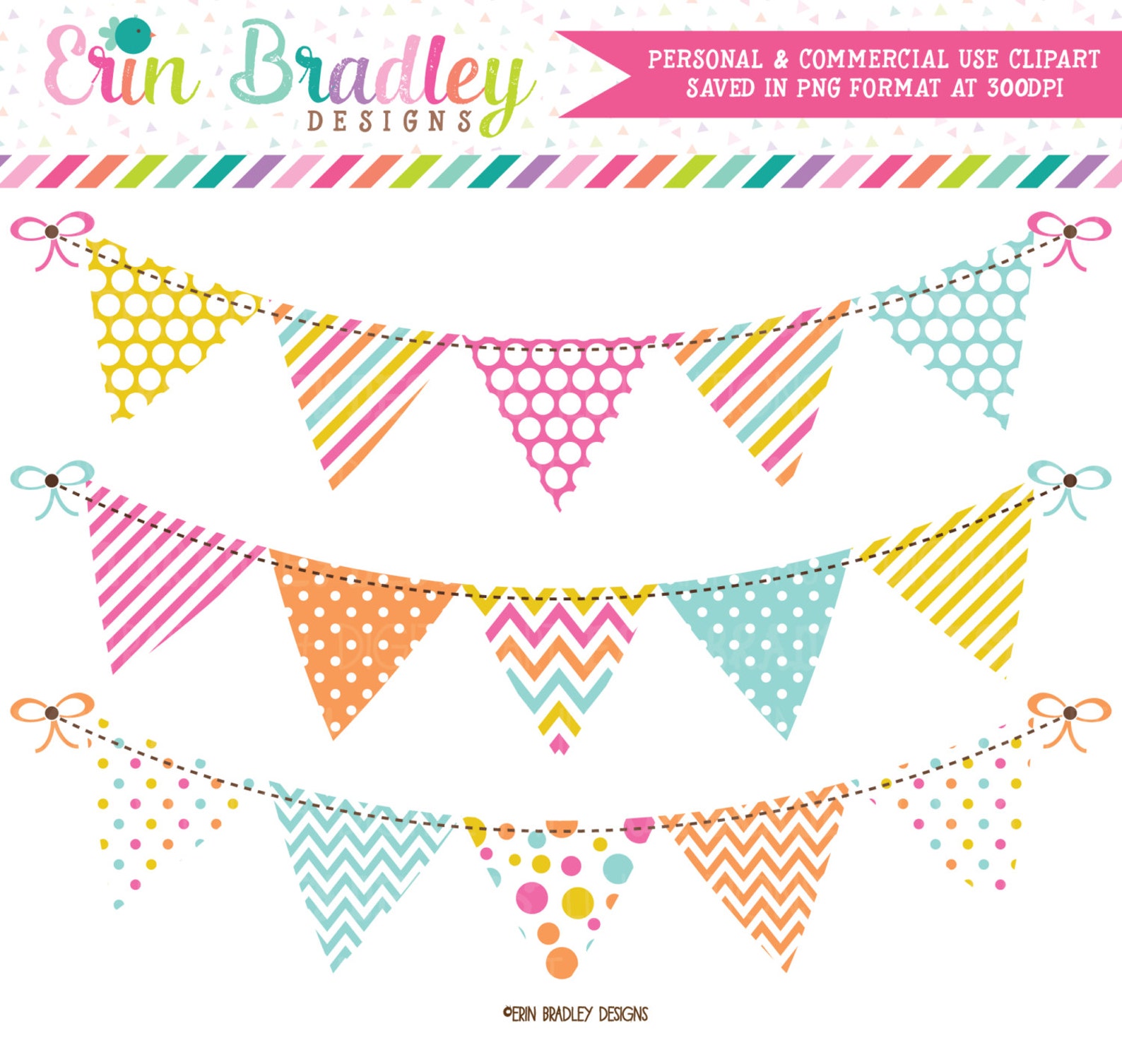Bunting Clipart Graphics Digital Banner Flags Clip Art in Pink | Etsy