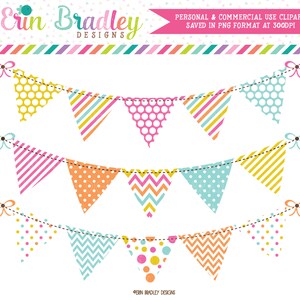 Bunting Clipart Graphics Digital Banner Flags Clip Art in Pink Orange ...