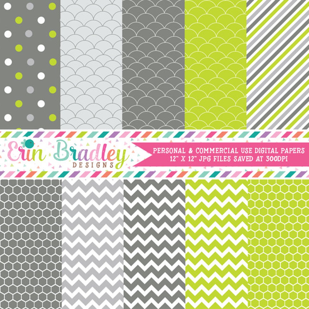 Digital Scrapbooking Papers Lime Green and Charcoal Paper Pack Personal ...