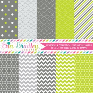 Digital Scrapbooking Papers Lime Green and Charcoal Paper Pack Personal ...
