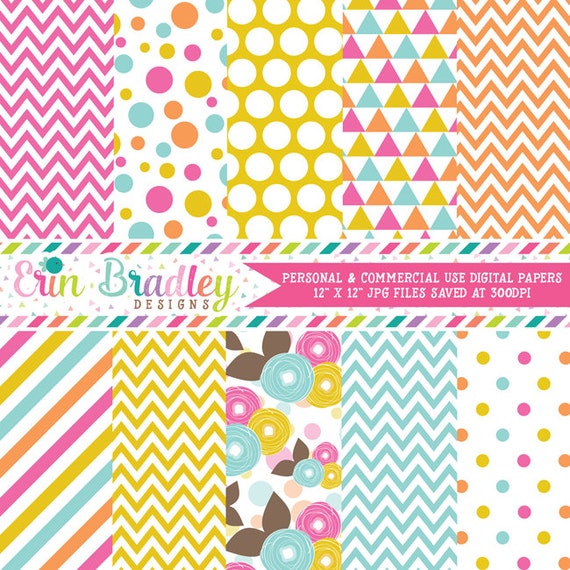 Pink Blue Orange & Yellow Printable Digital Paper Pack Polka Dots ...