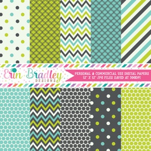 Lime Blue and Charcoal Digital Paper Set Commercial Use - Etsy