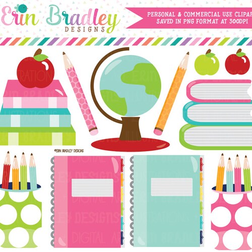 School Supplies Clipart Digital Graphics Set Books Globe - Etsy