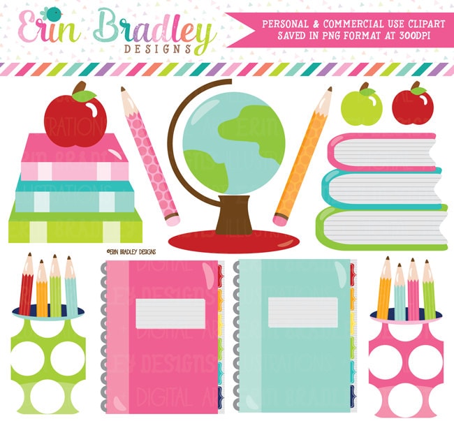 School Supplies Clipart Digital Graphics Set Books Globe - Etsy