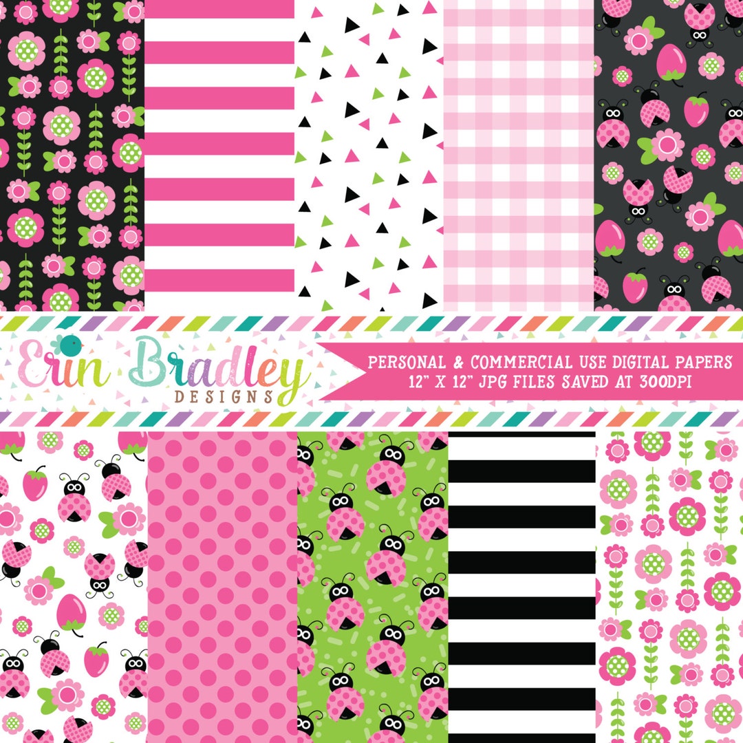 Ladybug Digital Paper Pack With Pink Green & Black Floral and Striped ...