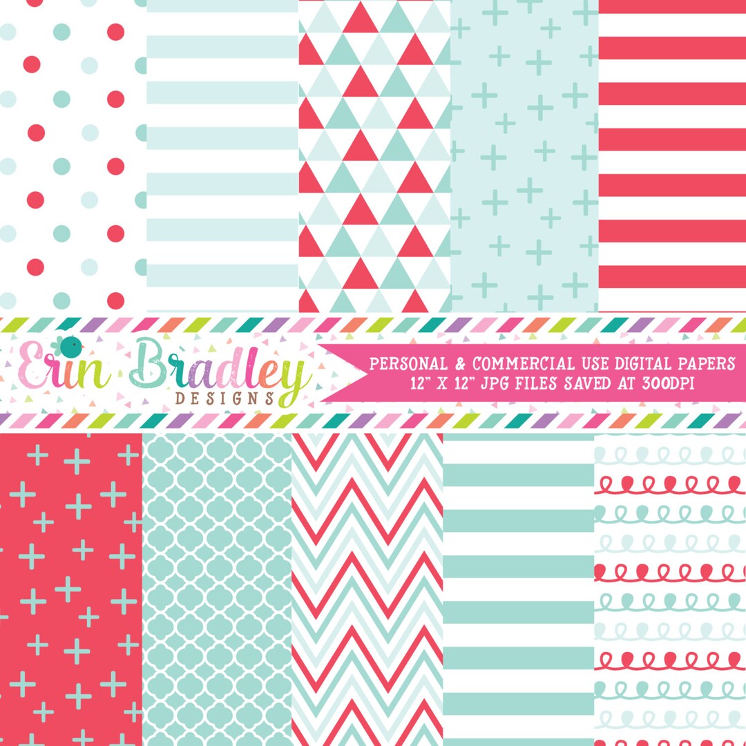 Red and Aqua Blue Digital Paper Pack, Personal & Commercial Use Digital ...
