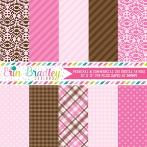 Pink & Brown Digital Scrapbook Papers Commercial Use Graphics Damask ...
