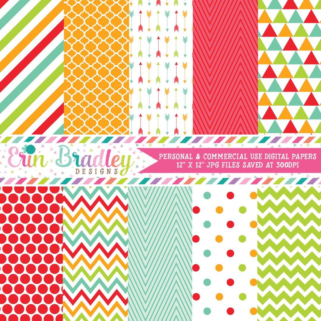 Digital Paper Pack Red Orange Green & Blue Stripes Chevron Polka Dots ...