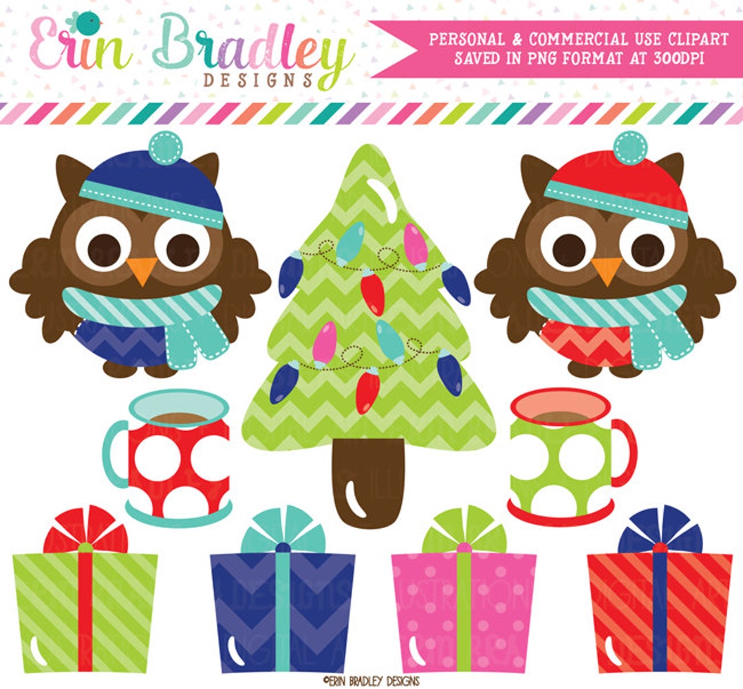 Christmas Owls Clipart With Christmas Tree Hot Chocolate and Presents ...