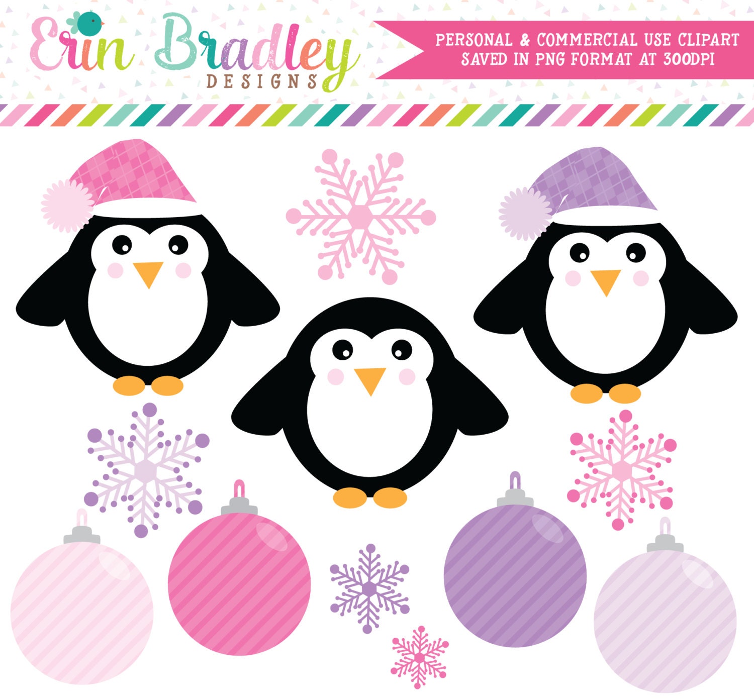 Winter Penguins Clipart With Pink & Purple Snowflakes and - Etsy