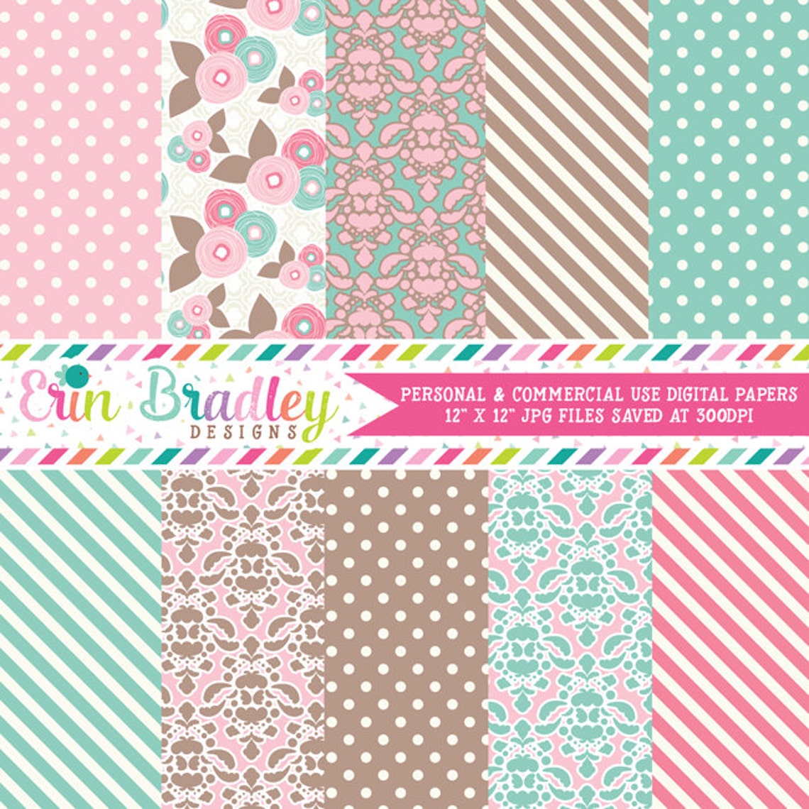 Pink Brown & Blue Digital Paper Pack Polka Dots Damask Flowers - Etsy