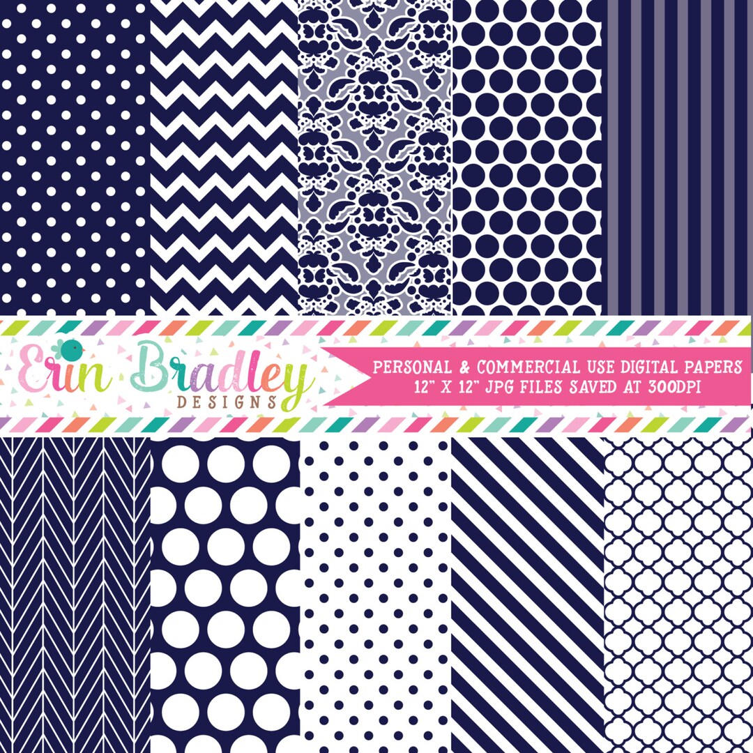 Navy Digital Paper Pack Polka Dots Damask Chevron and Striped ...
