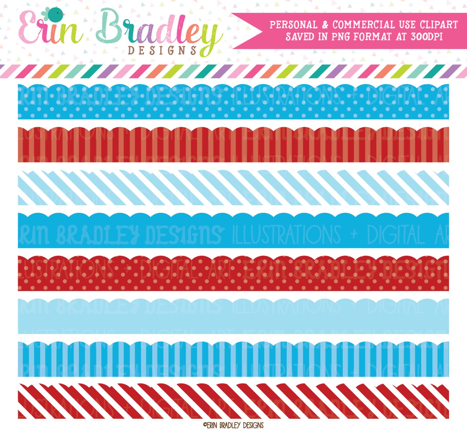 Blue and Red Scalloped Borders Clipart Graphics Polka Dotted | Etsy