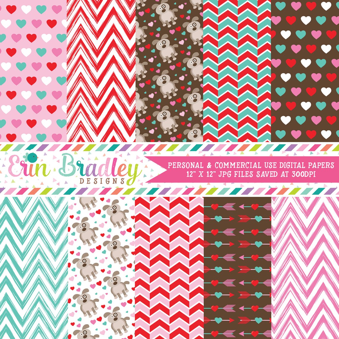 Puppy Love Digital Paper Pack Pink Aqua Blue Brown & Red - Etsy