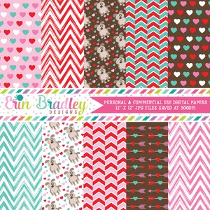 Puppy Love Digital Paper Pack Pink Aqua Blue Brown & Red Hearts and ...