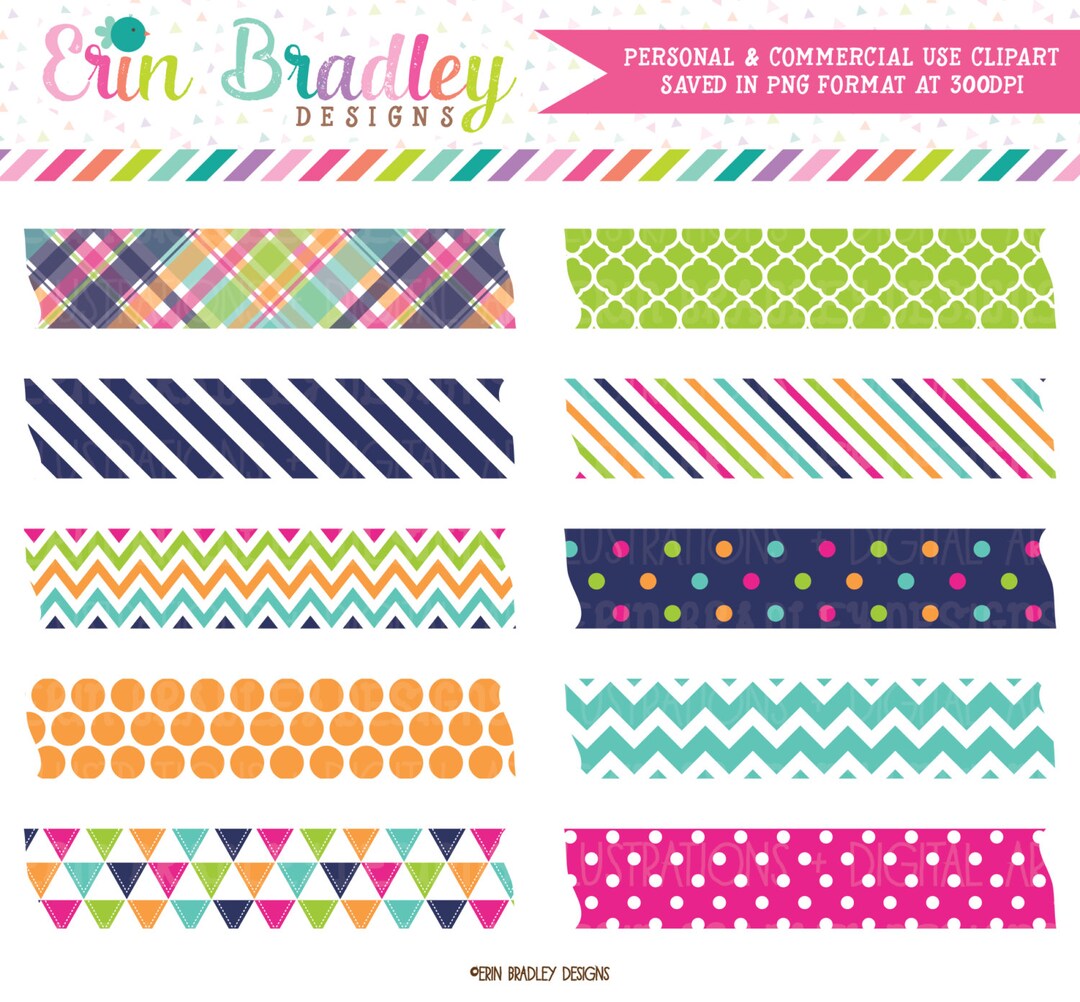 Summer Digital Washi Tape Clipart Pink Blue Orange & Green Background ...