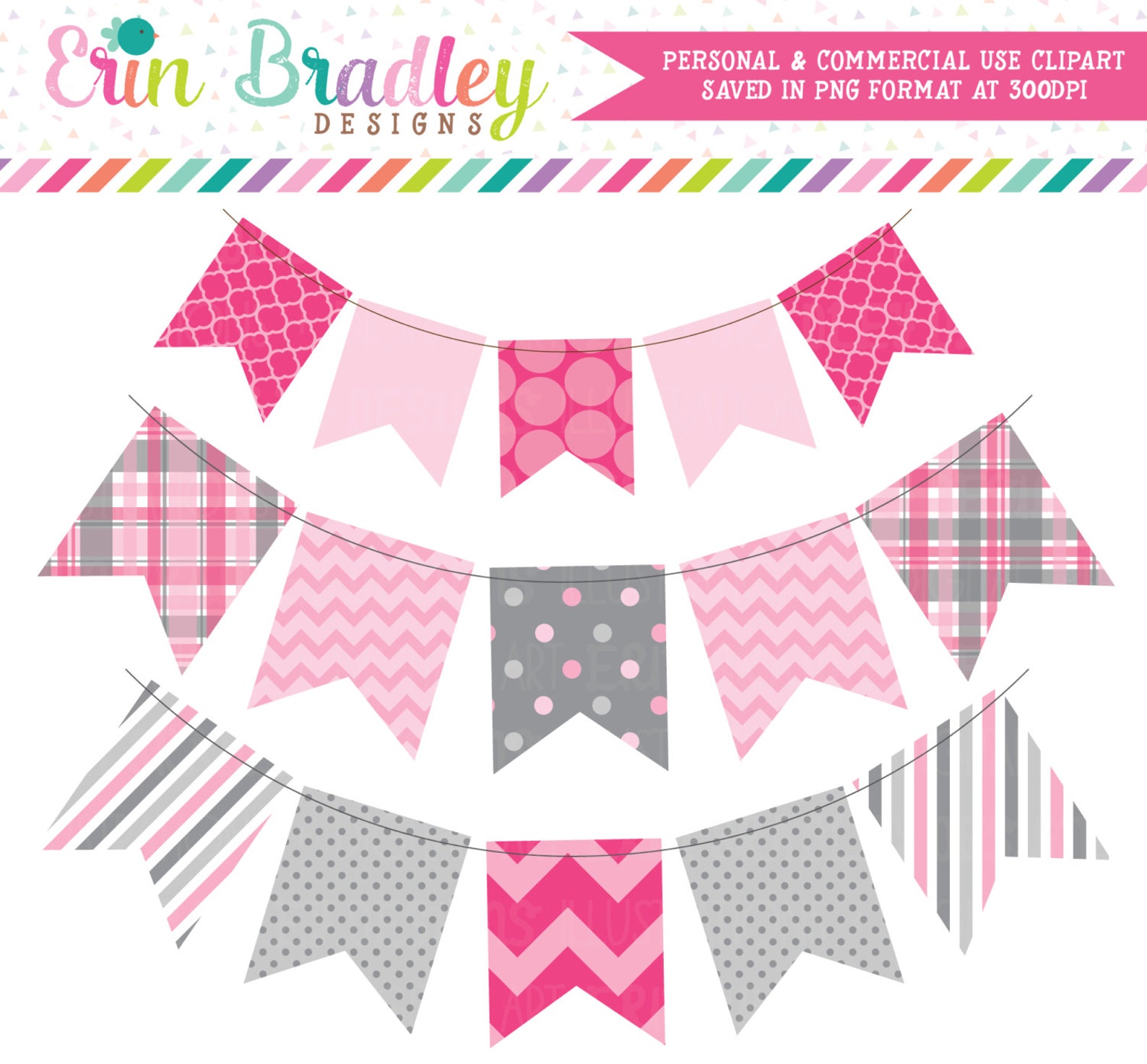 Pink and Gray Bunting Clip Art Commercial Use Clipart Graphics - Etsy