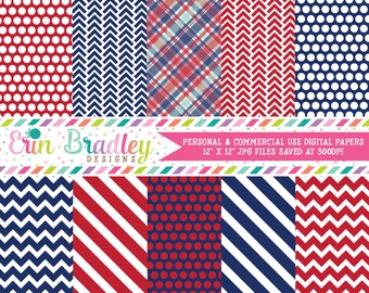 Blue and Red Digital Paper, Stripes, Chevron, Polka Dots, Commercial ...