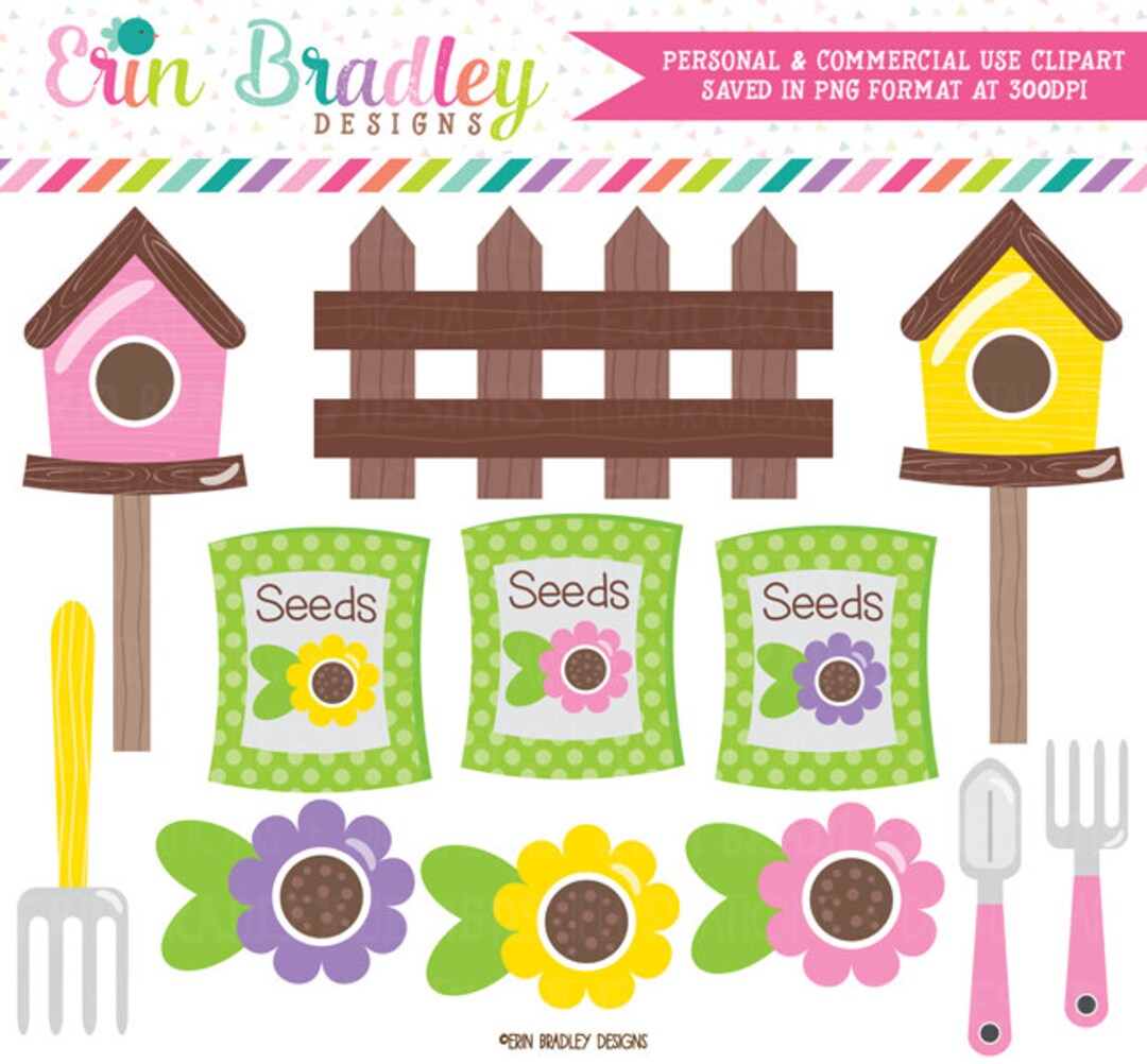 Flower Garden Clipart Spring Digital Clip Art Graphcis With Birdhouses ...