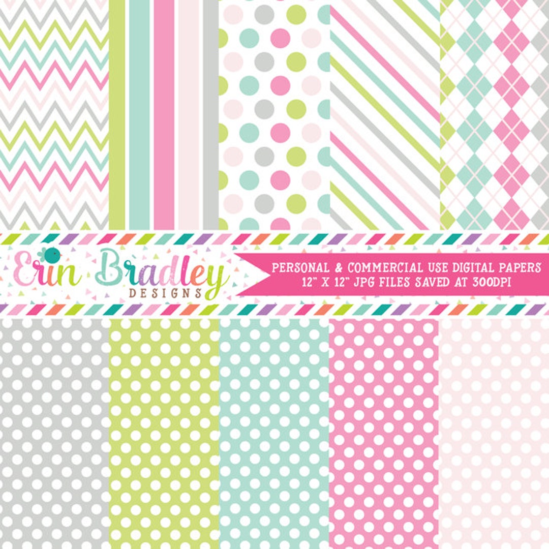 Soft Spring Pink Blue Green Gray Digital Scrapbooking Paper Set Polka ...