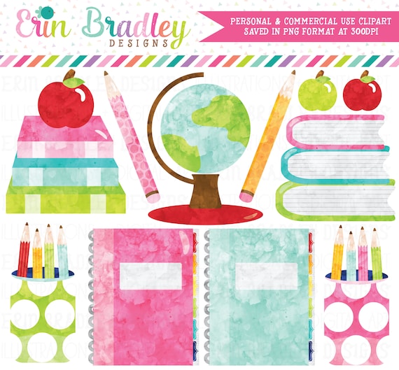 Watercolor School Supplies Clipart, Watercolor School Clipart, School ...