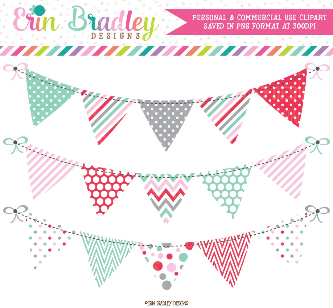 Valentines Day Bunting Clipart Set Pink Red Aqua Blue Banner Flags ...