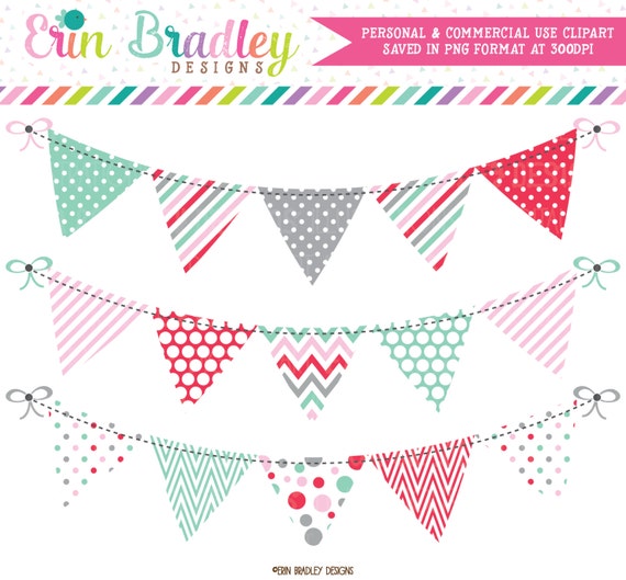 Valentines Day Bunting Clipart Set Pink Red Aqua Blue Banner Flags ...