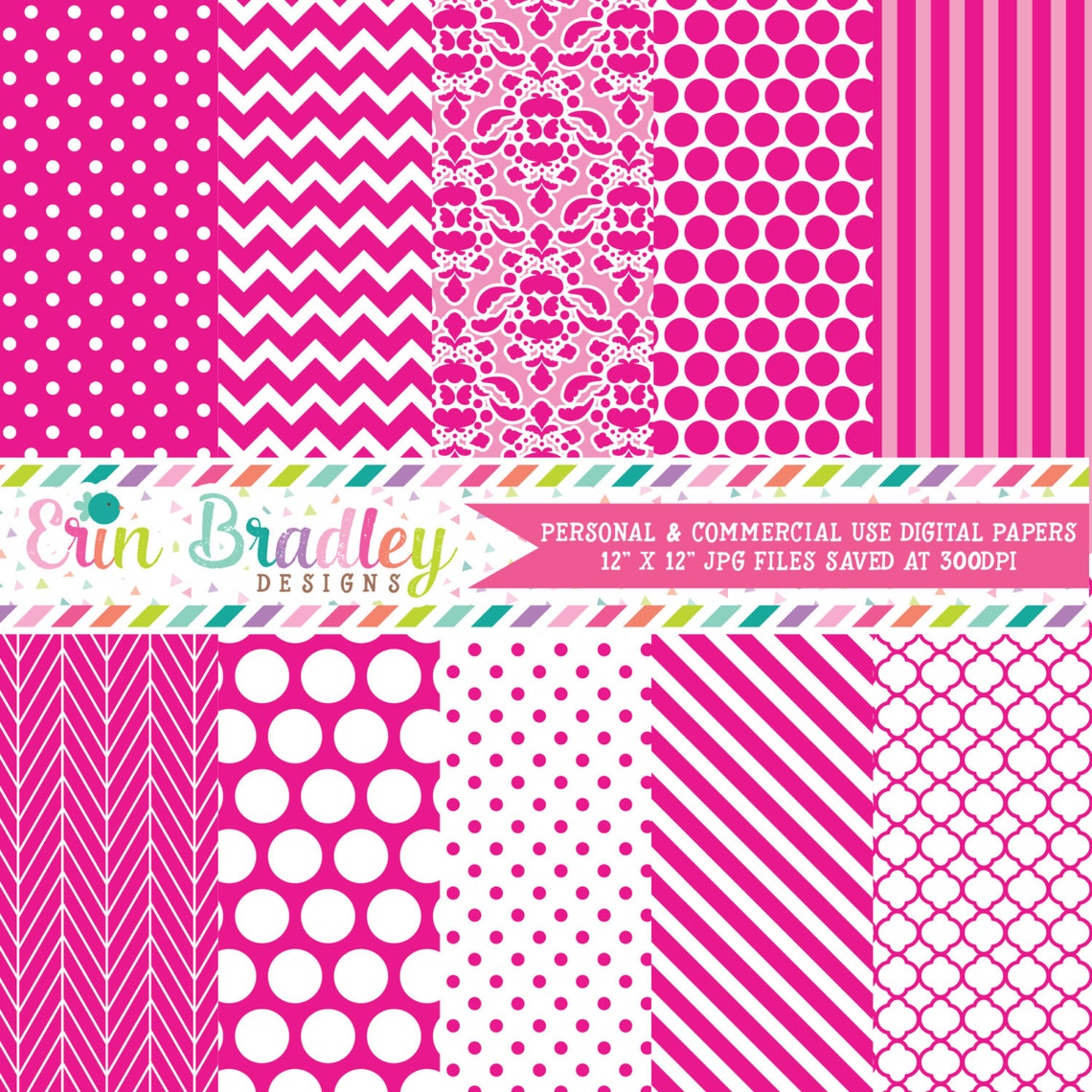 Hot Pink Digital Paper Pack Polka Dots Damask Chevron and | Etsy
