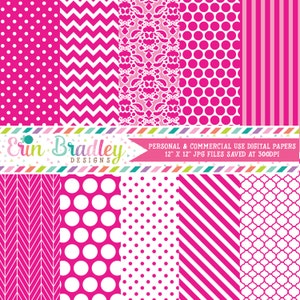 Hot Pink Digital Paper Pack Polka Dots Damask Chevron and Striped ...
