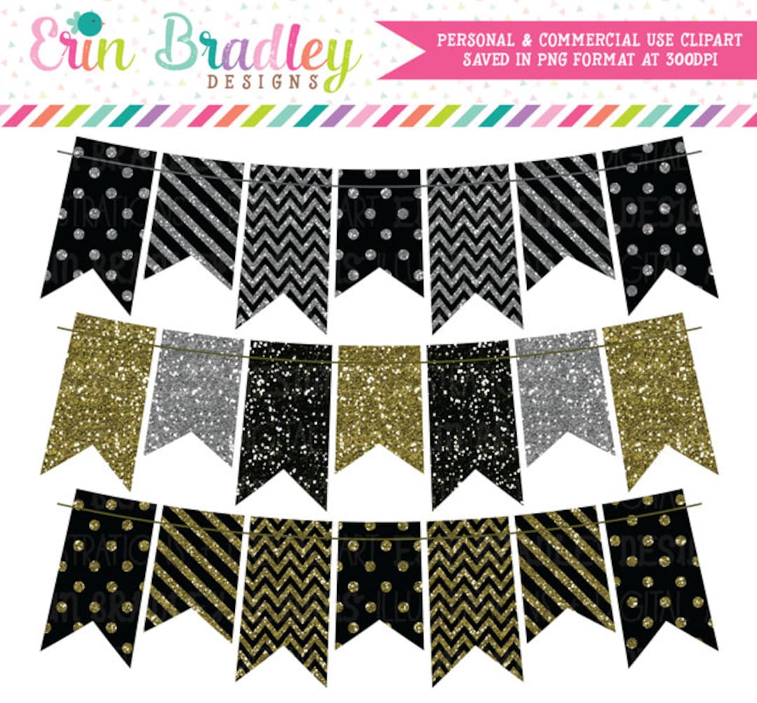 Glitter Bunting Clipart Set Black Gold and Silver Glitter Banners Clip ...
