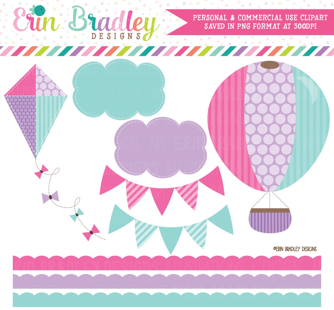 Kite & Hot Air Balloon Clipart, Cloud Clipart, Summer Clip Art, Pink ...