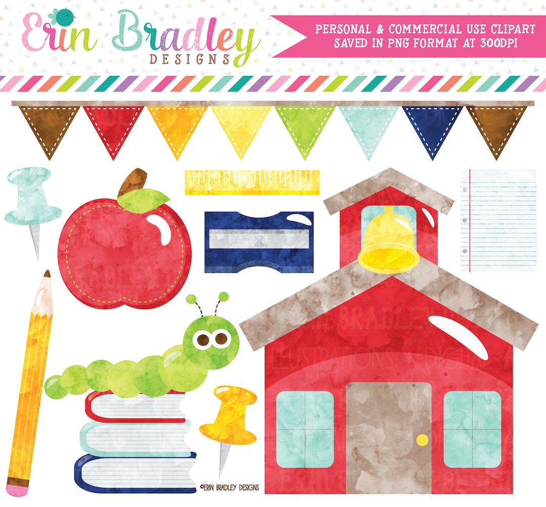 Watercolor School Clipart: Schoolhouse & Supplies Graphics (digital ...