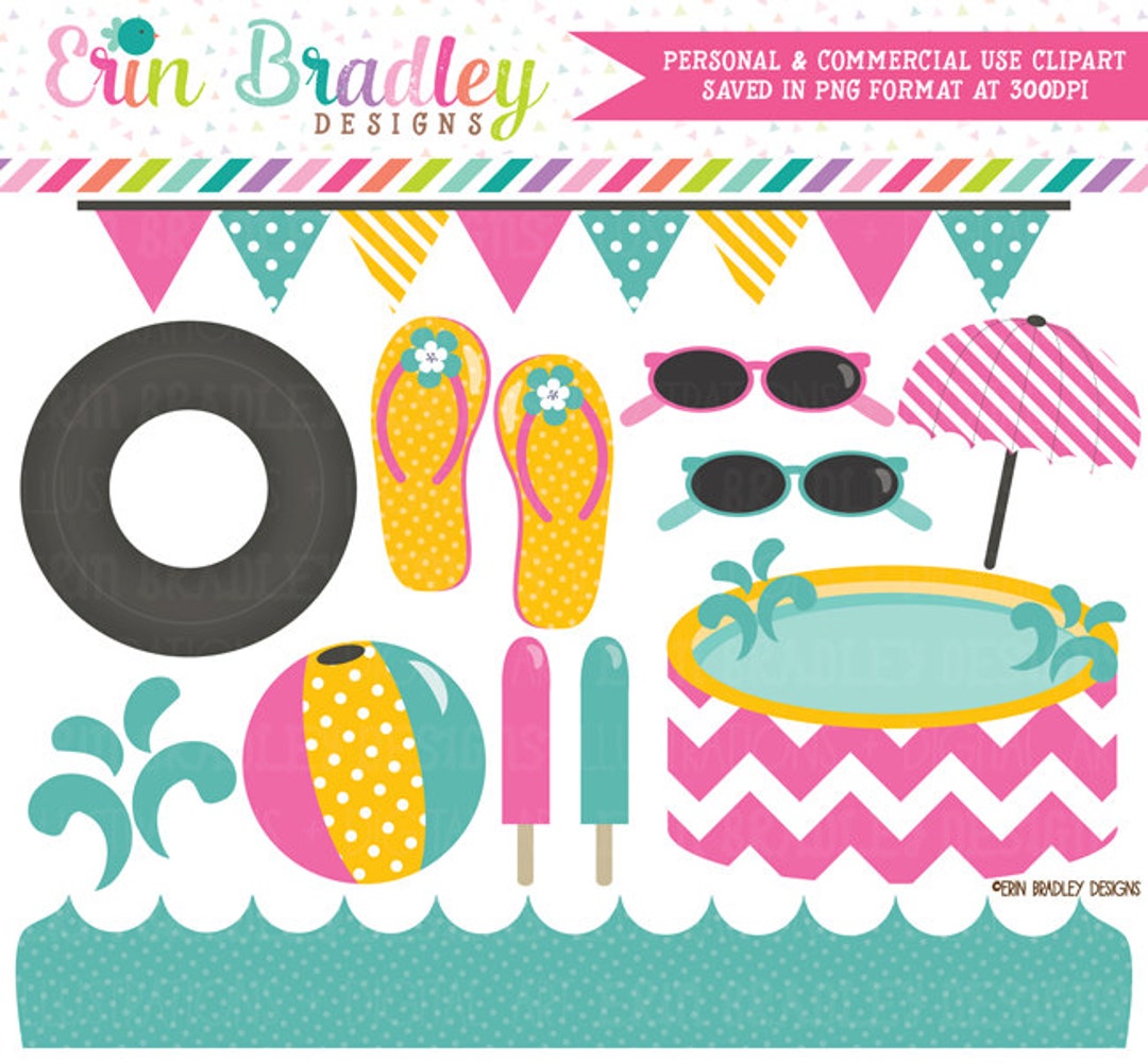 Girls Pool Party Clipart Graphics Pink Yellow & Blue Digital Clip Art ...