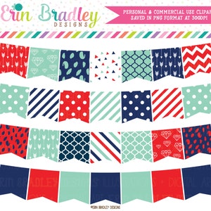 Banner Flag Clipart Graphics in Red White Navy Blue & Aqua, Patriotic ...