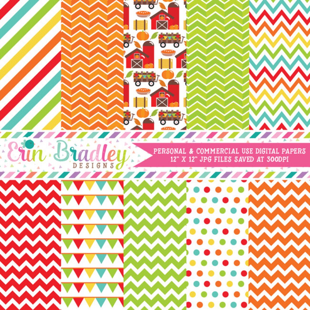 Pumpkin Patch Autumn & Fall Digital Paper Pack in Orange Green and Red ...