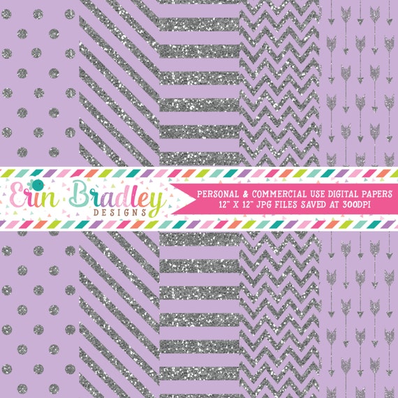 Silver Glitter Digital Paper Pack with Purple Commercial Use Digital ...