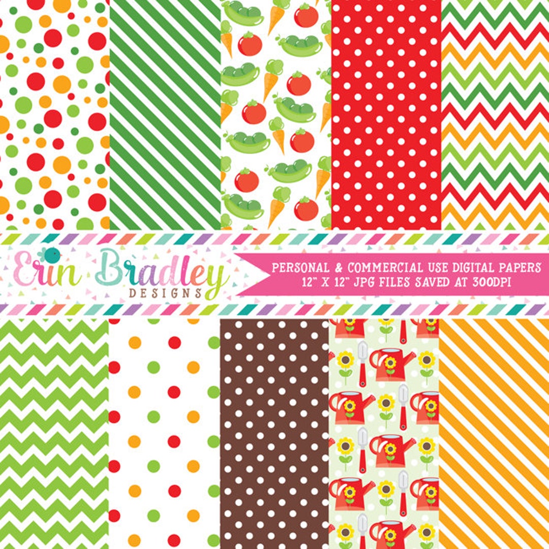 Garden Digital Paper Pack With Veggies Vegetables Polka Dots Chevron ...