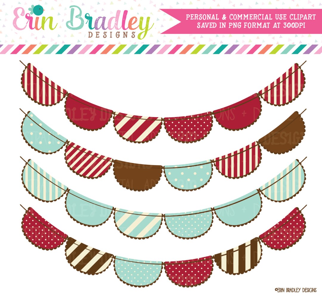 Red Blue Brown Clipart Banner Flags Bunting Set, Scalloped Banners Clip ...
