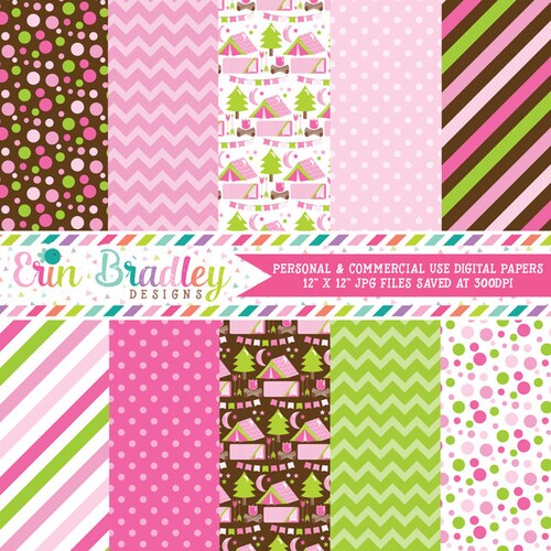 Camping Digital Papers Pink Polka Dots Chevron & Stripes - Etsy