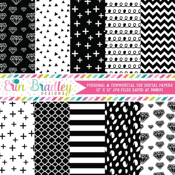 Digital Papers, Black & White Digital Paper Pack, Diamonds Triangle ...