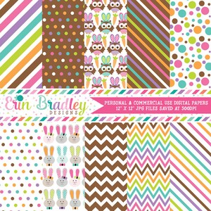 Easter Digital Papers Bunnies Owls Colorful Polka Dots & Stripes ...