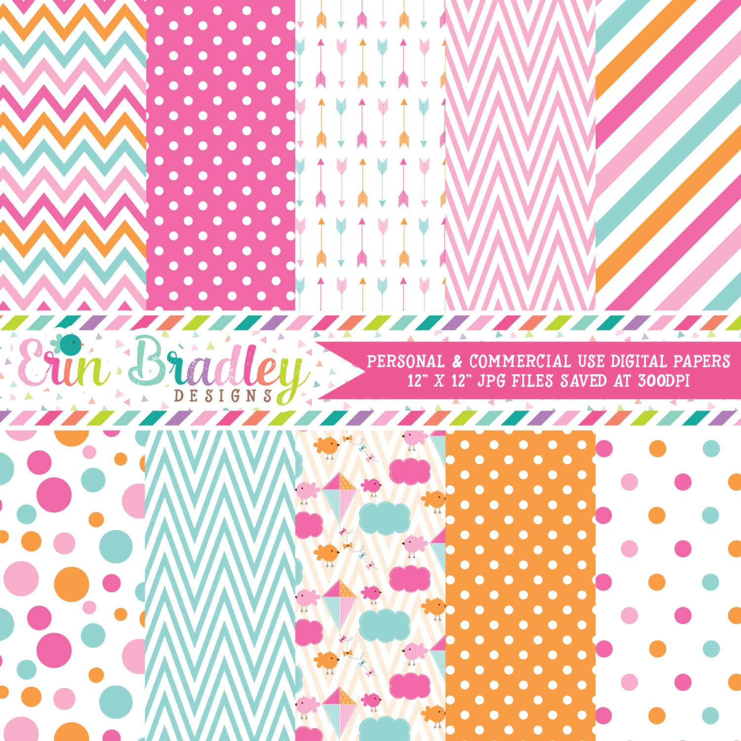 Digital Paper Pack Pink Blue Orange Polka Dots Chevron Stripes | Etsy