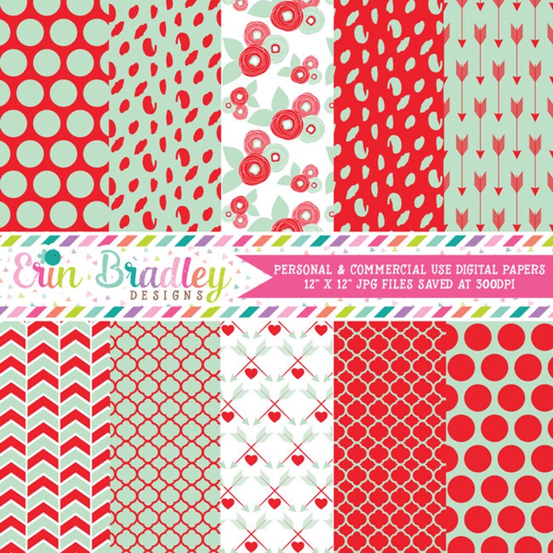 Mint and Red Digital Paper Pack With Flowers Polka Dots and Arrow ...