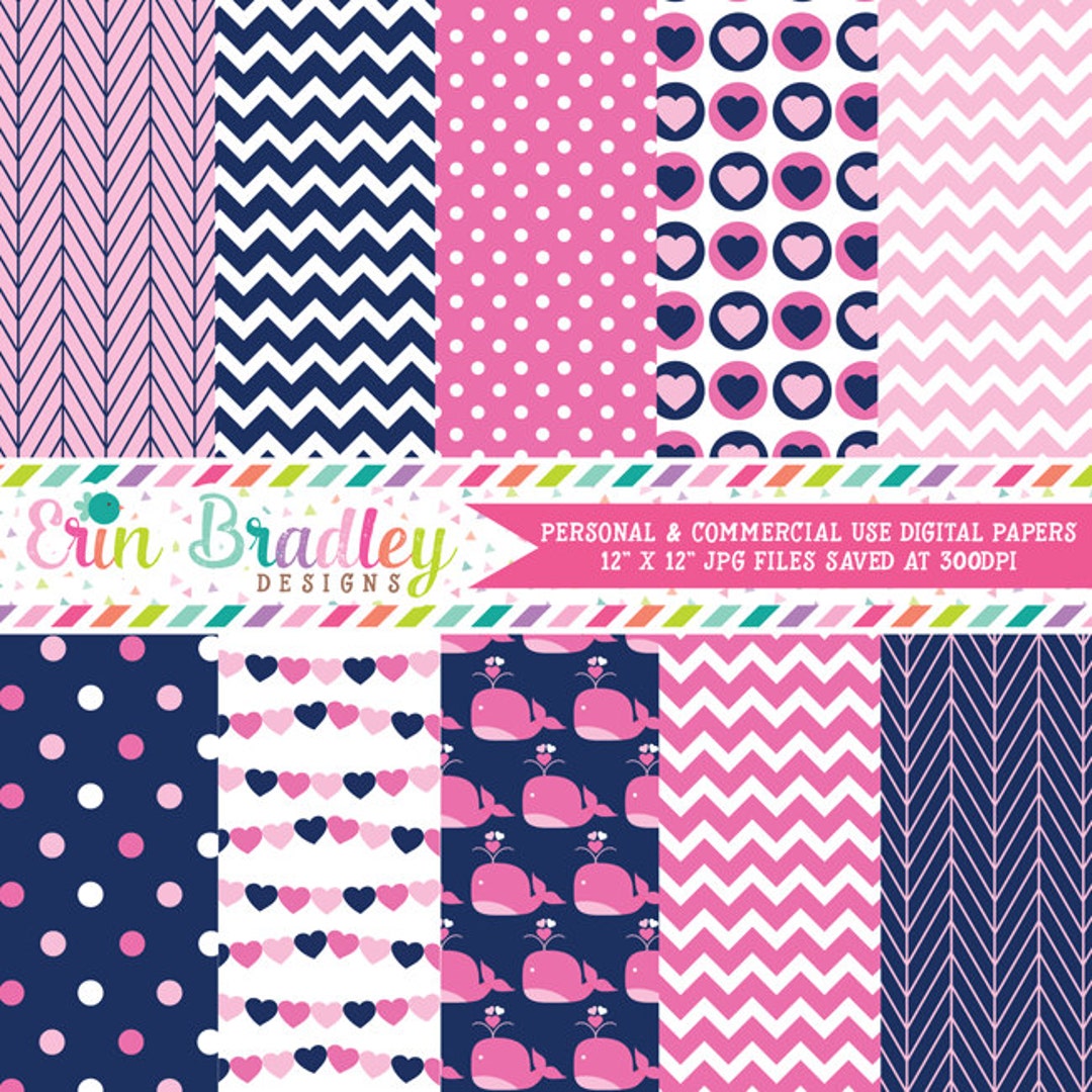 Pink Whales Digital Paper Pack Instant Download Girls Pink and Blue ...