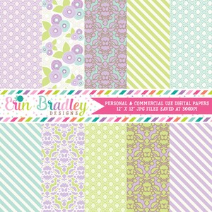 Purple Green and Blue Digital Paper Pack Damask Flowers and Striped ...