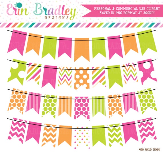 Hot Pink Green and Orange Bunting Banner Flag Clipart Clip Art Set ...