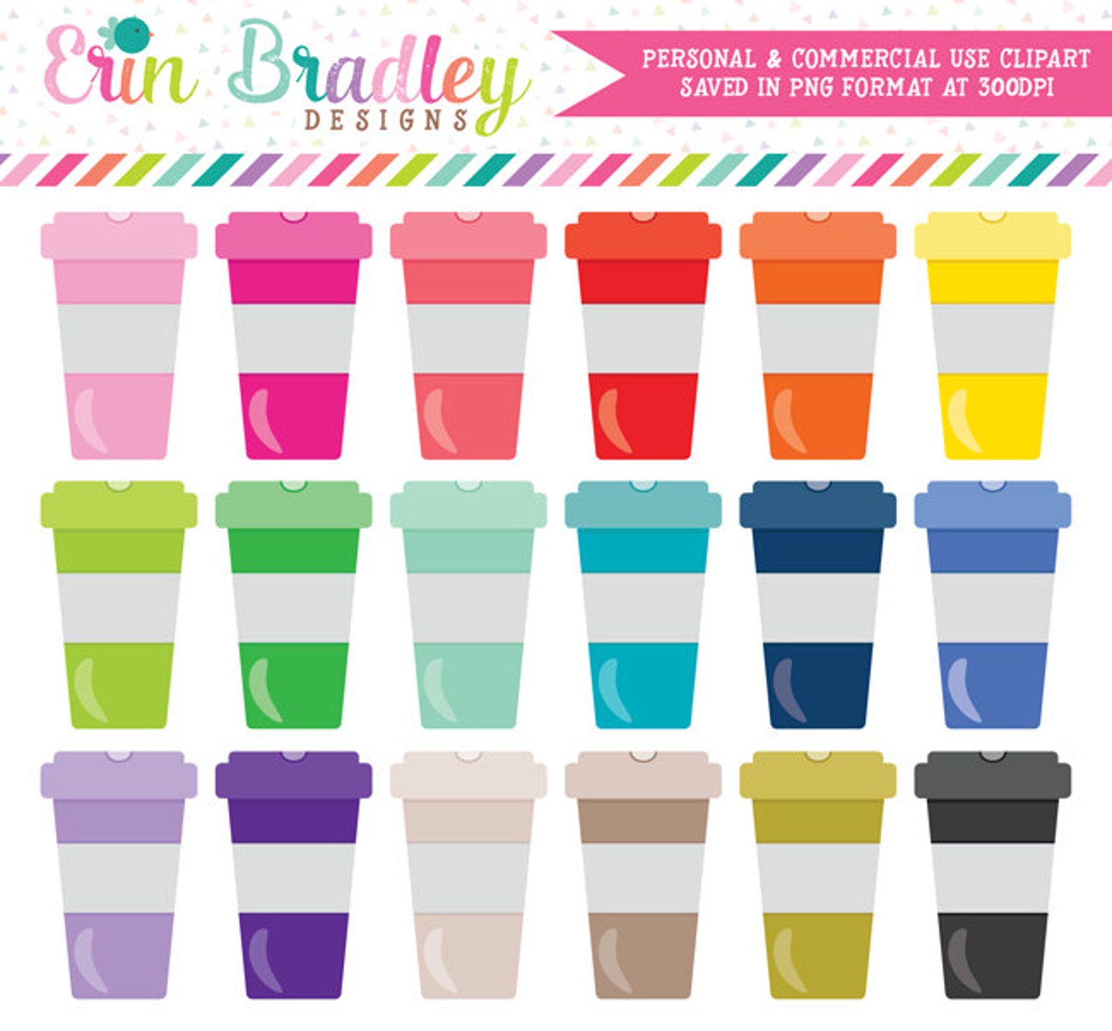Colorful Coffee Cups Clipart Graphics in 18 Colors Personal & - Etsy